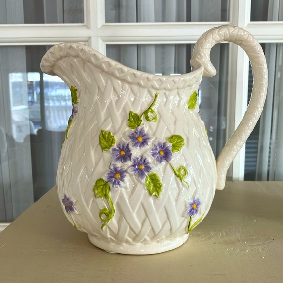 Accents | Nwt Decorative White And Purple Ceramic Pitcher With Floral ...
